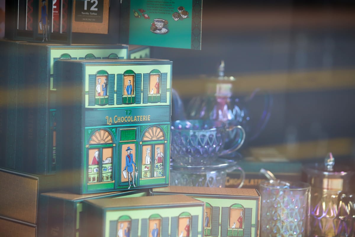 Shopfront tea boxes and glassware